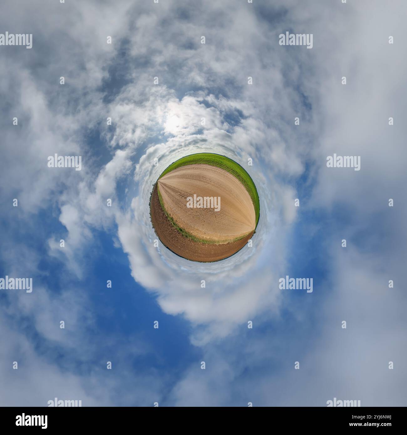 simple little tiny planet without buildings in blue sky with sun and ...
