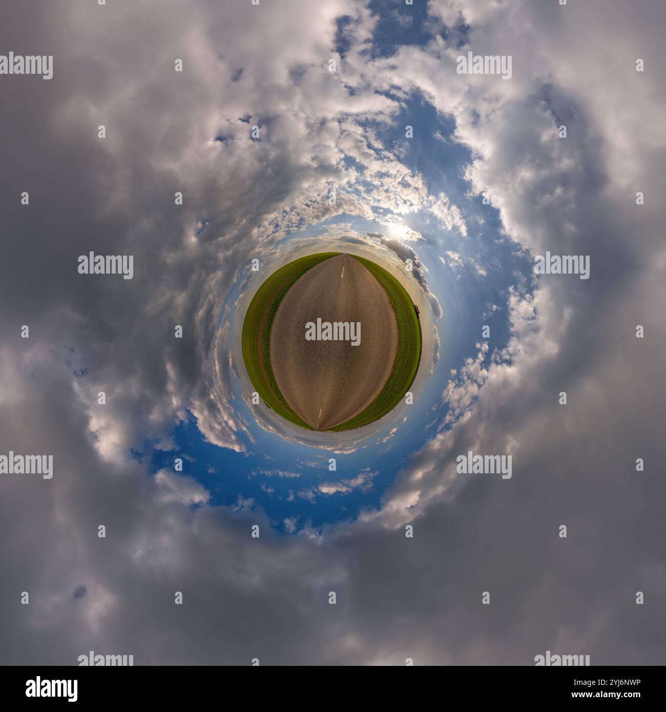 simple little tiny planet without buildings in blue sky with sun and ...