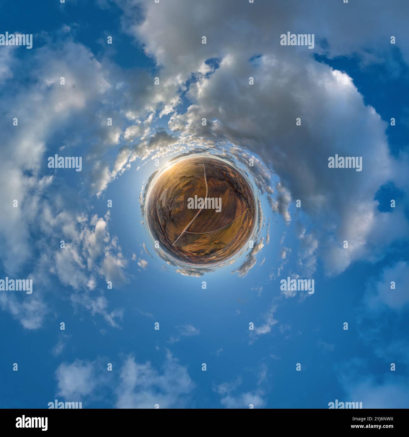simple little tiny planet without buildings in blue sky with sun and ...