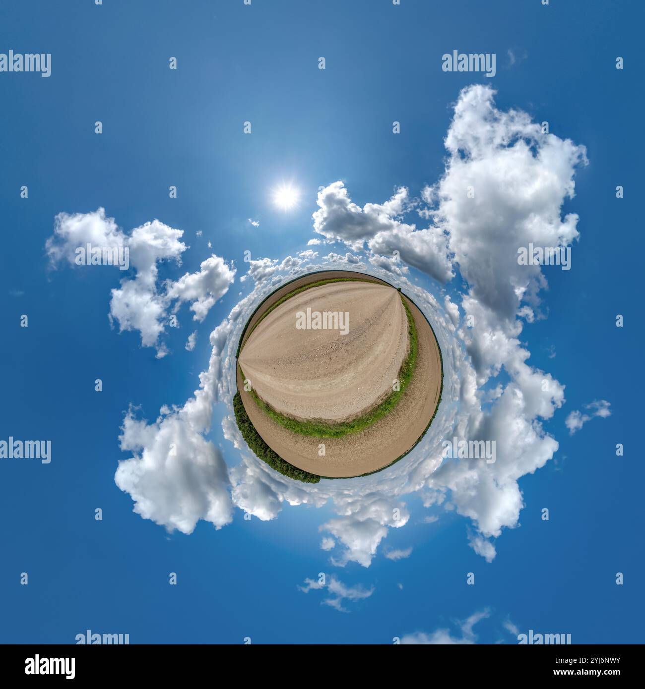 simple little tiny planet without buildings in blue sky with sun and ...