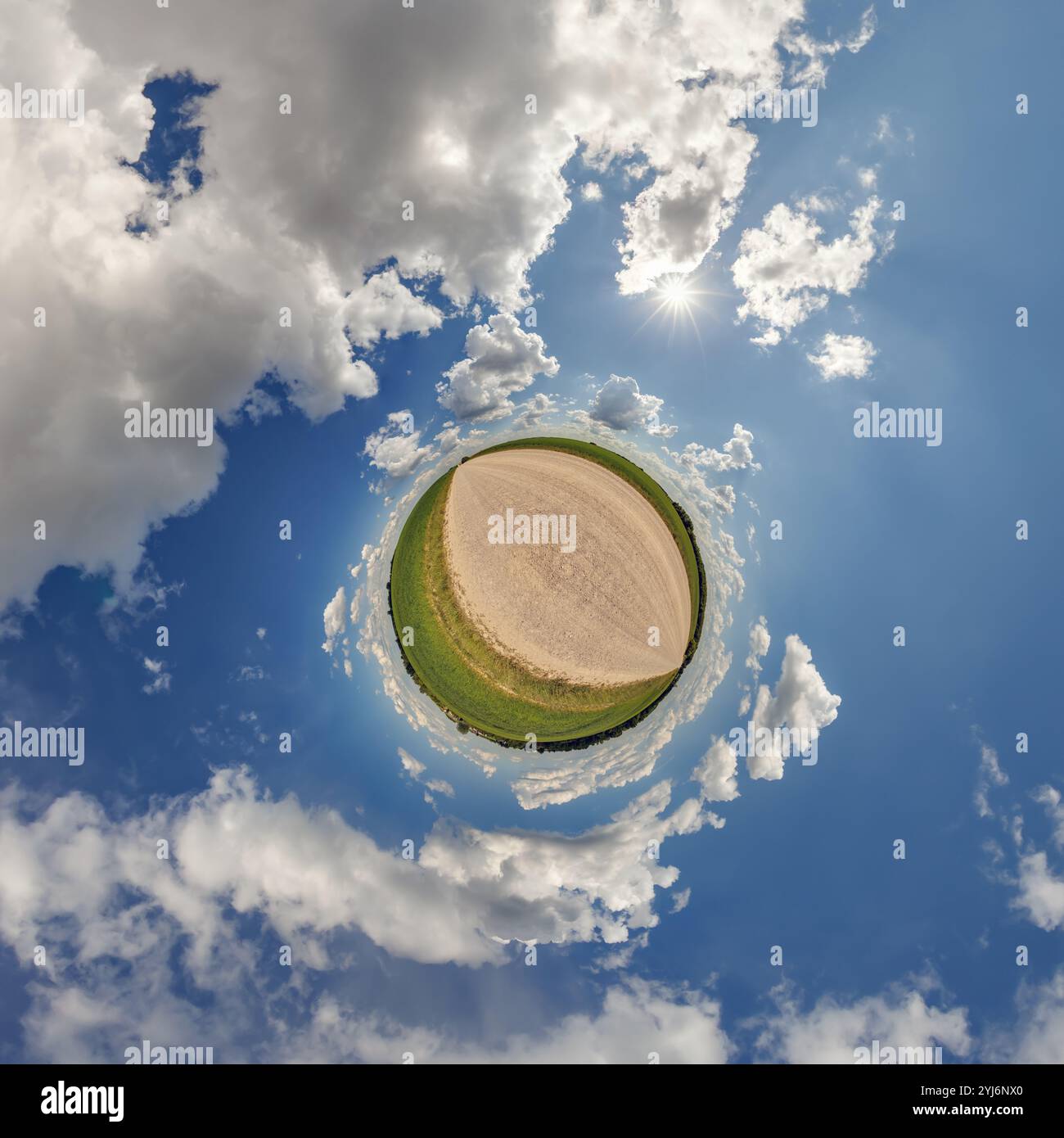 simple little tiny planet without buildings in blue sky with sun and ...