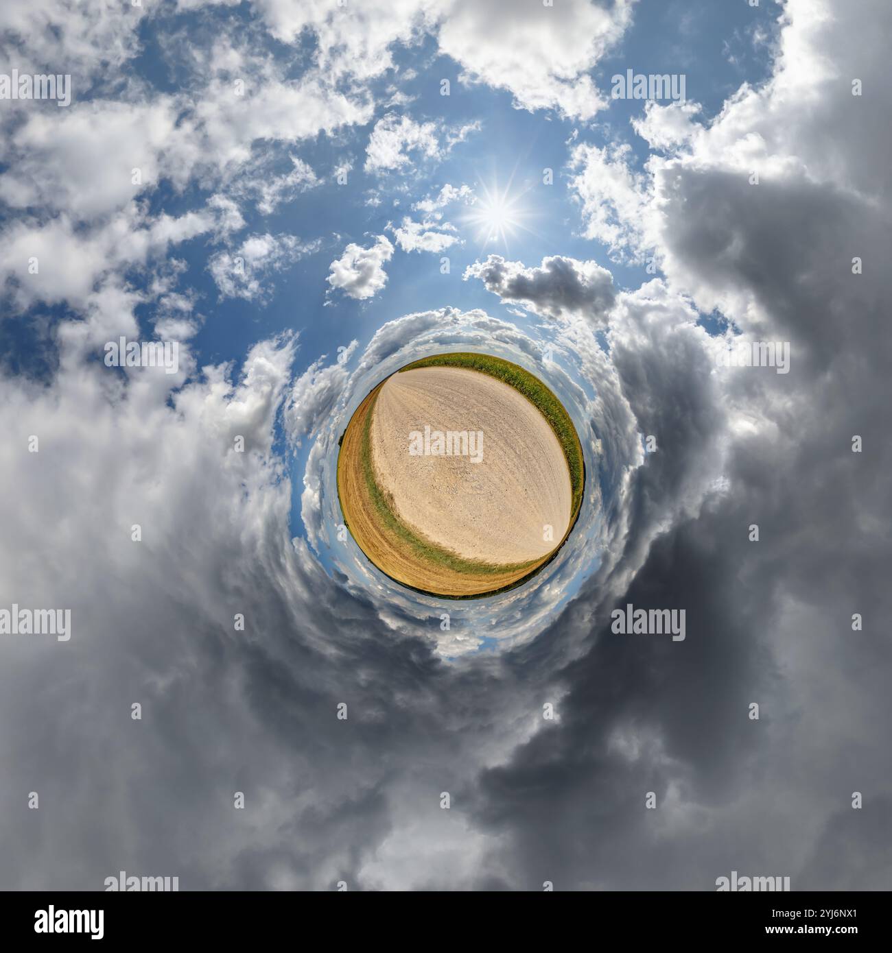 simple little tiny planet without buildings in blue sky with sun and ...