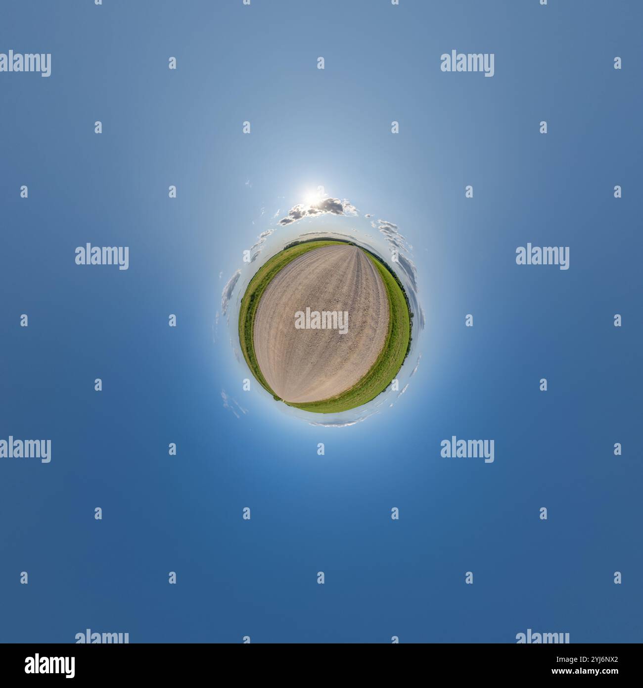 simple little tiny planet without buildings in blue sky with sun and ...