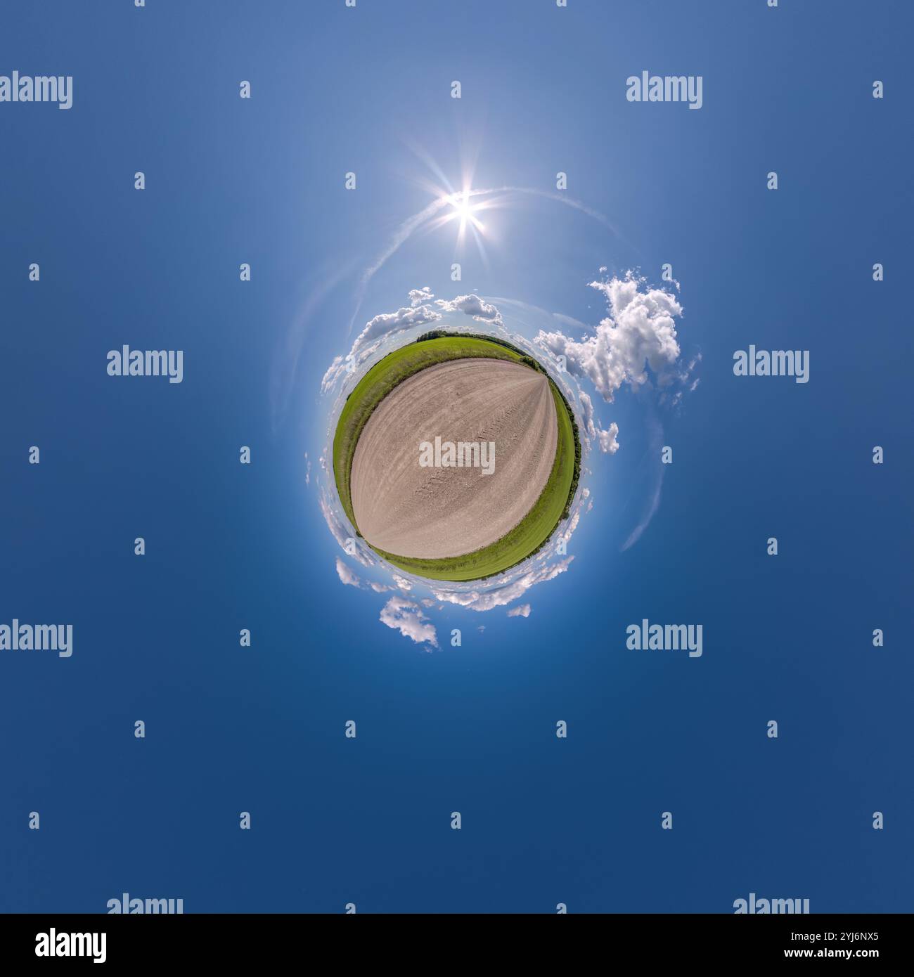 simple little tiny planet without buildings in blue sky with sun and ...