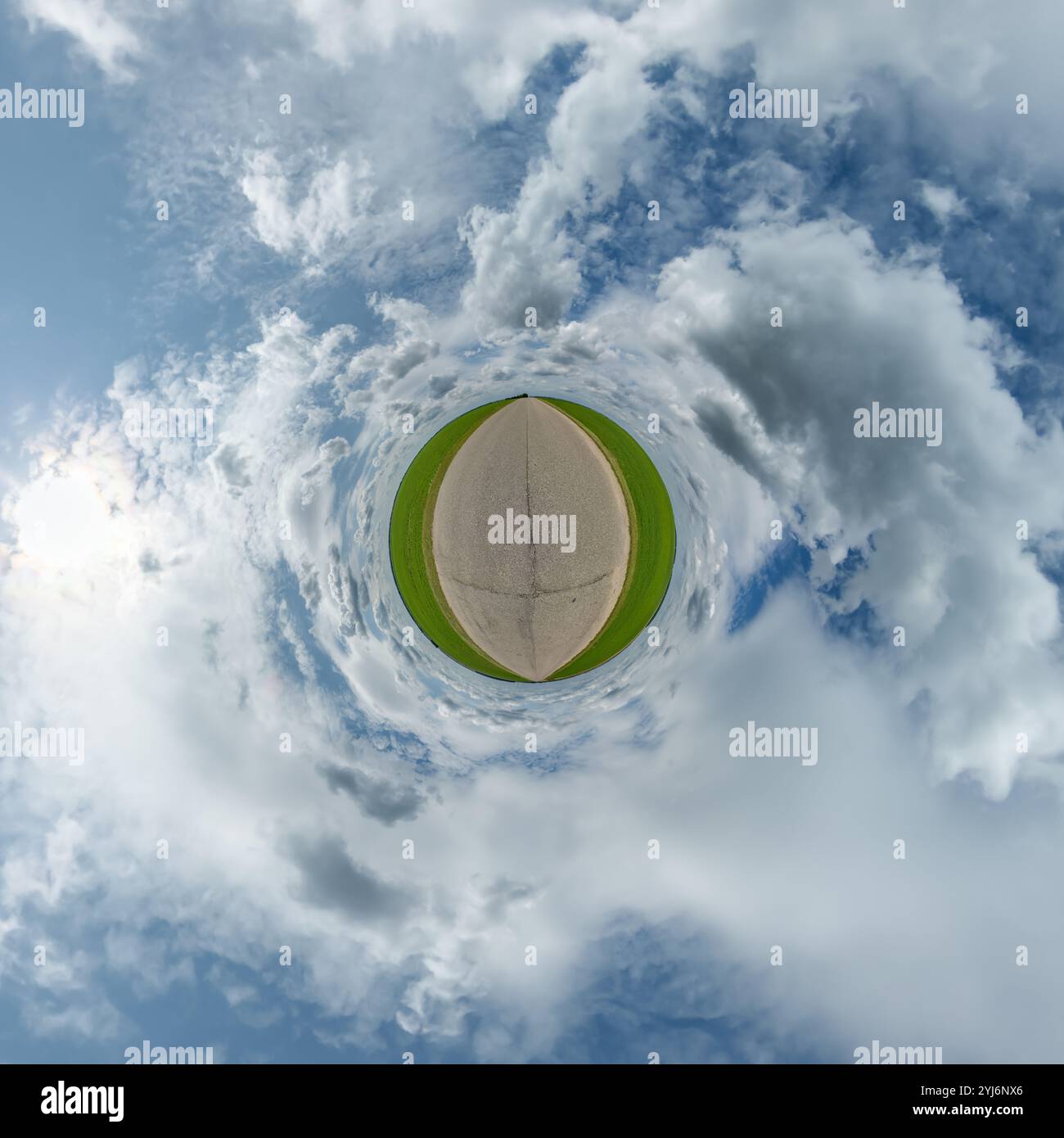 simple little tiny planet without buildings in blue sky with sun and ...