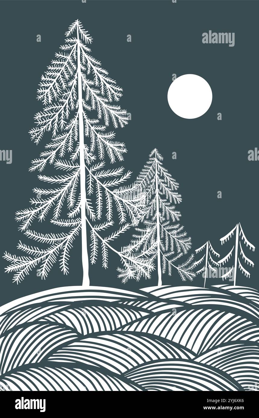 Graphic landscape of snowy fir trees in the forest. Happy New Year ...