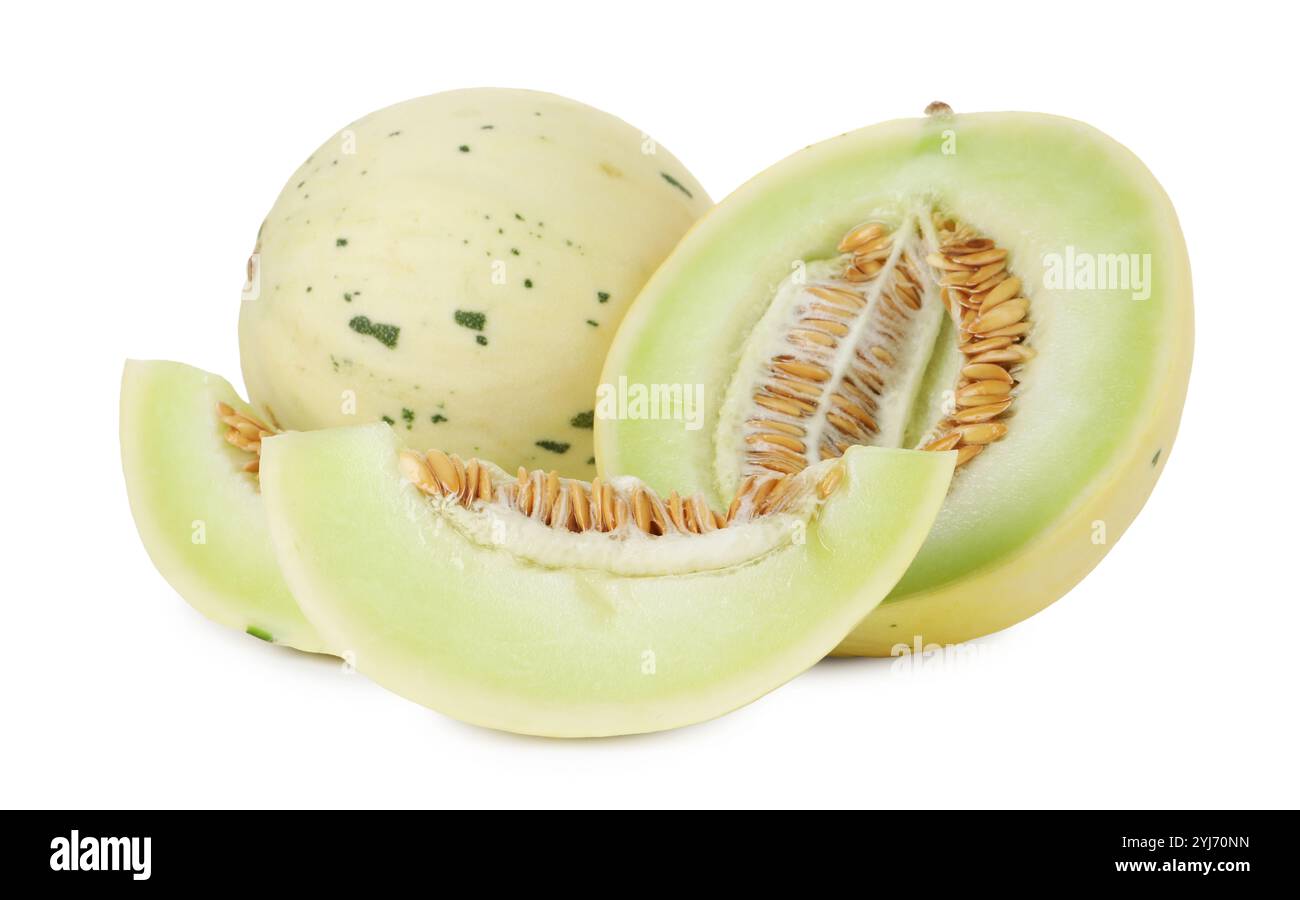 Whole and cut fresh ripe melons isolated on white Stock Photo - Alamy