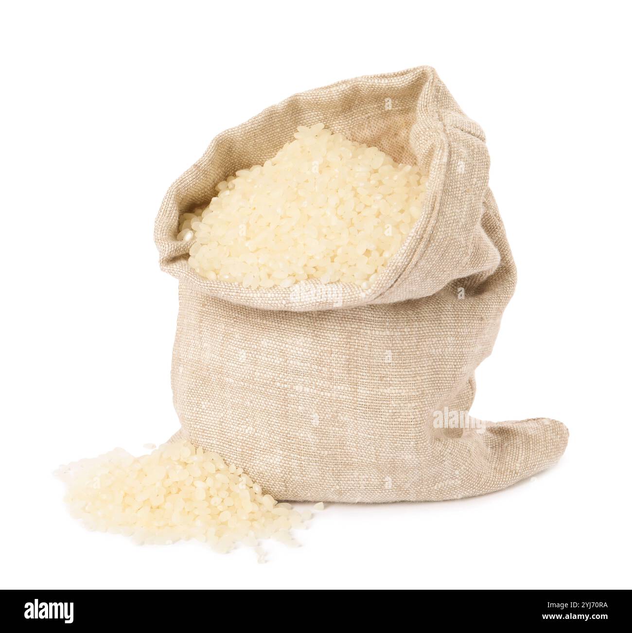 Raw rice in burlap sack isolated on white Stock Photo - Alamy