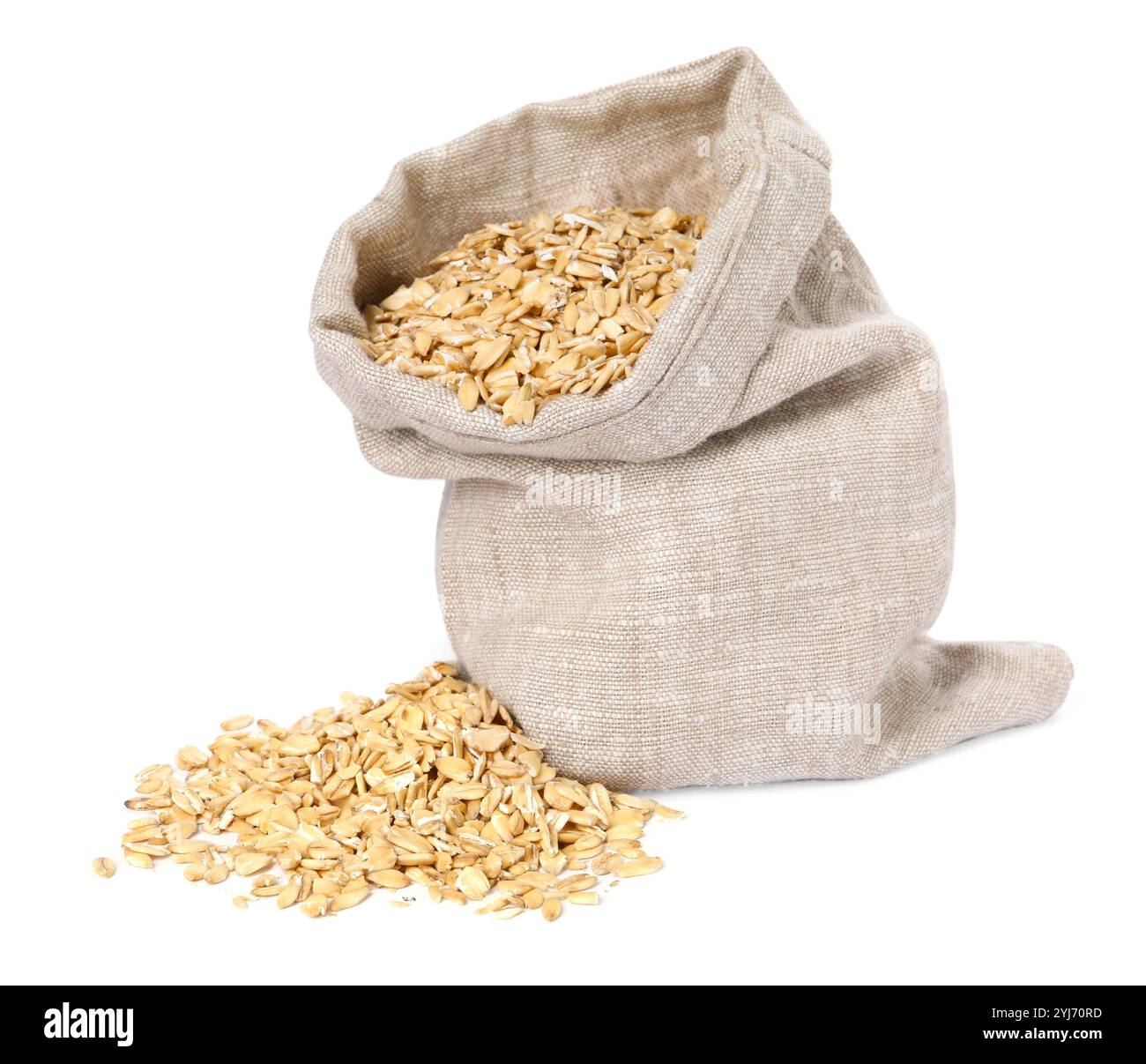 Dry oat flakes in burlap sack isolated on white Stock Photo - Alamy