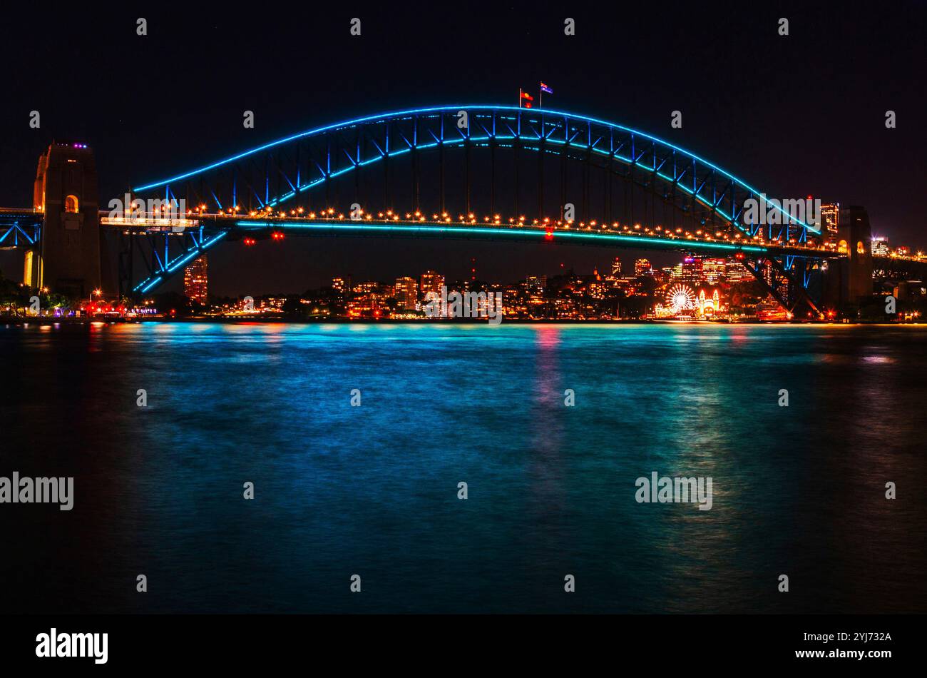 Night view of illuminated Sydney Harbor Bridge. The bridge was opened ...