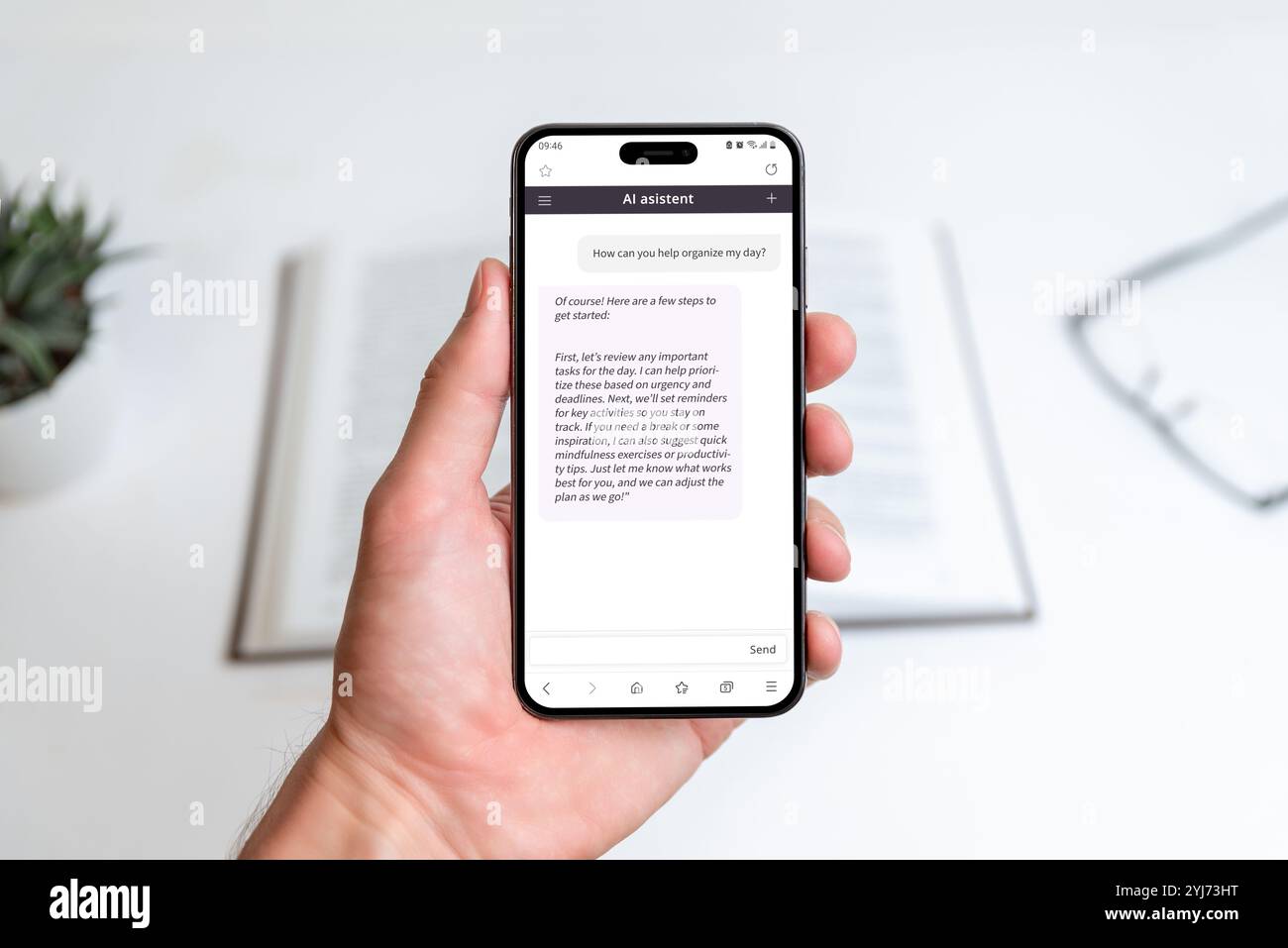 Hand holding AI assistant app on smartphone, helping organize daily ...