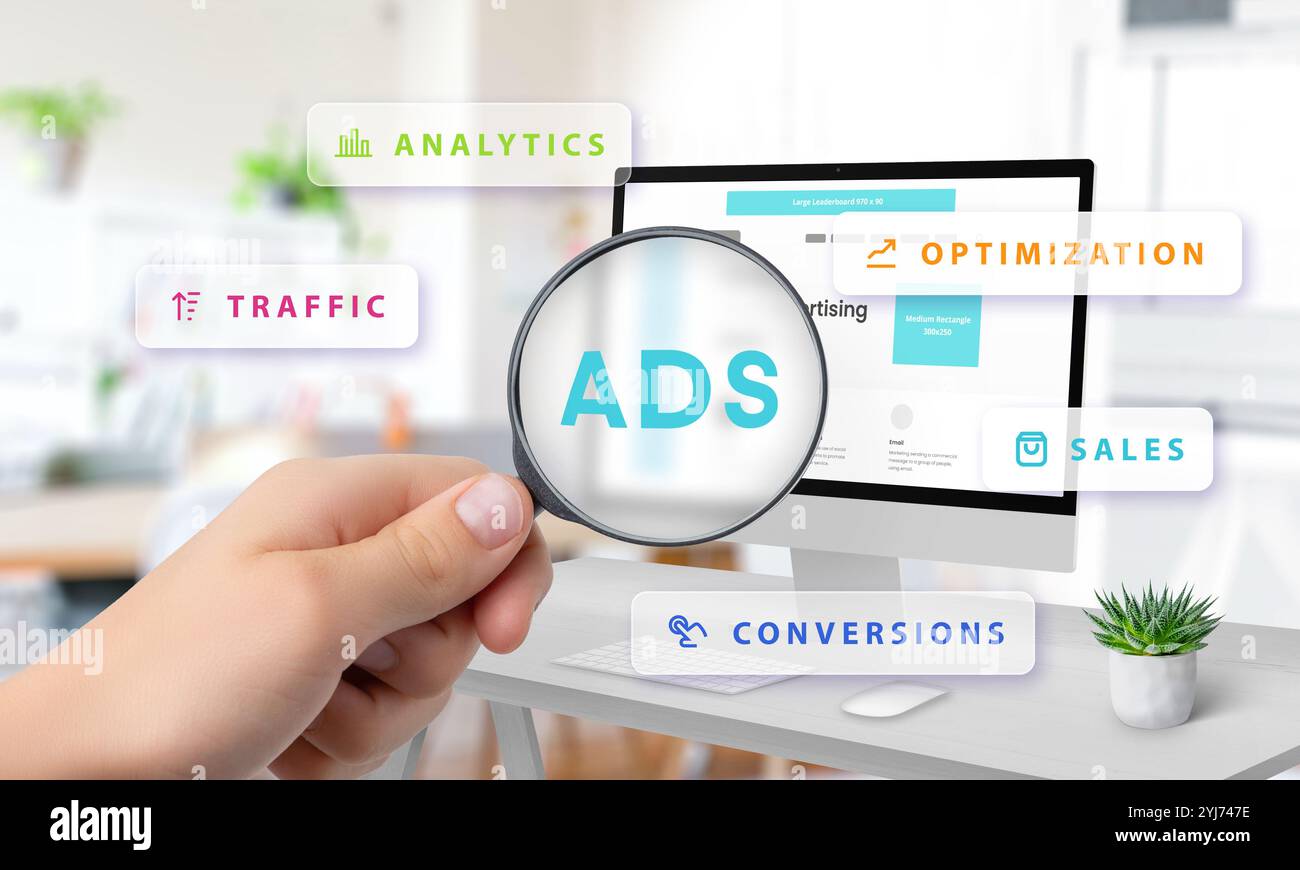 Magnifying glass highlighting Ads on computer screen with floating ...