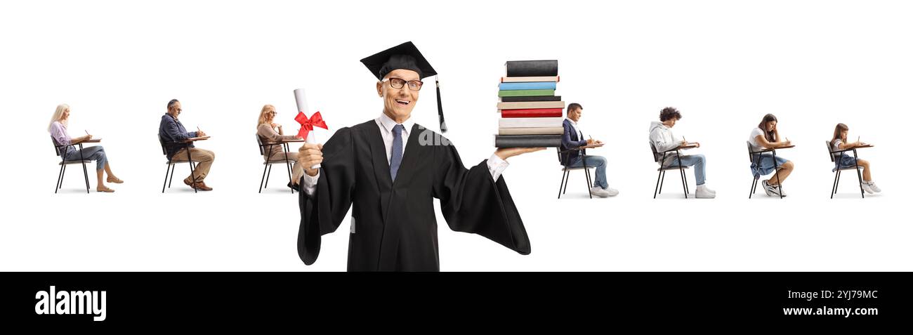 Elderly man in a graduation gown with diploma and books in front of ...