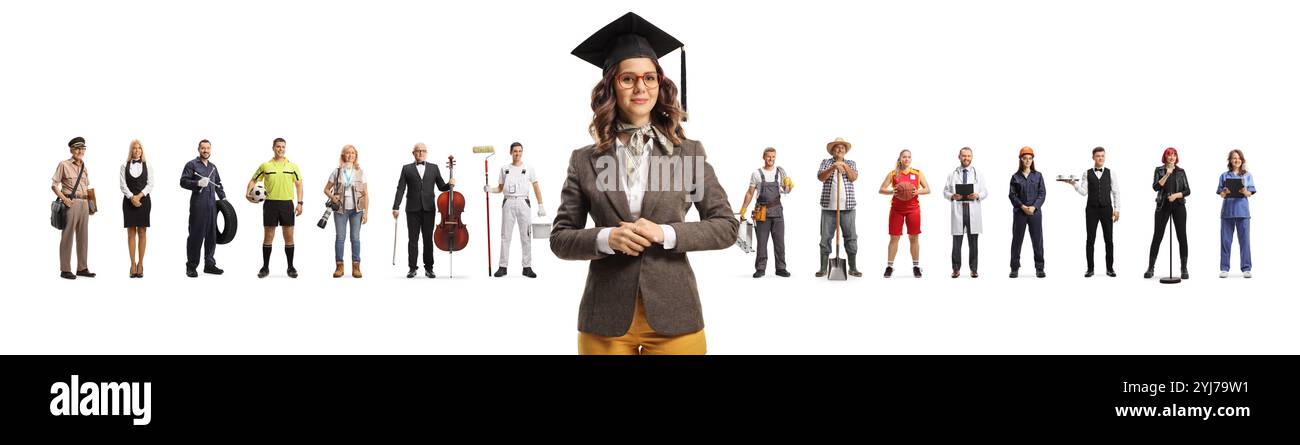 Graduate woman standing in front of people with different professions ...