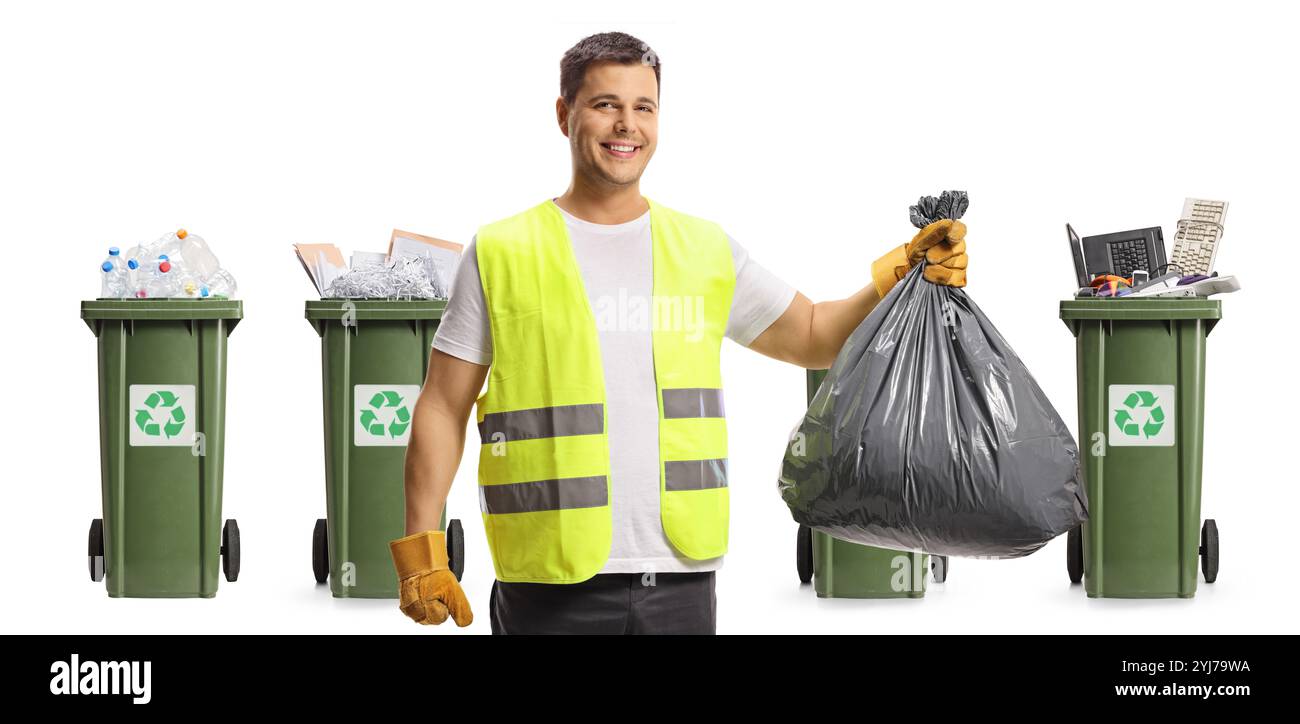Waste collector with bins for recycling materials isolated on white ...