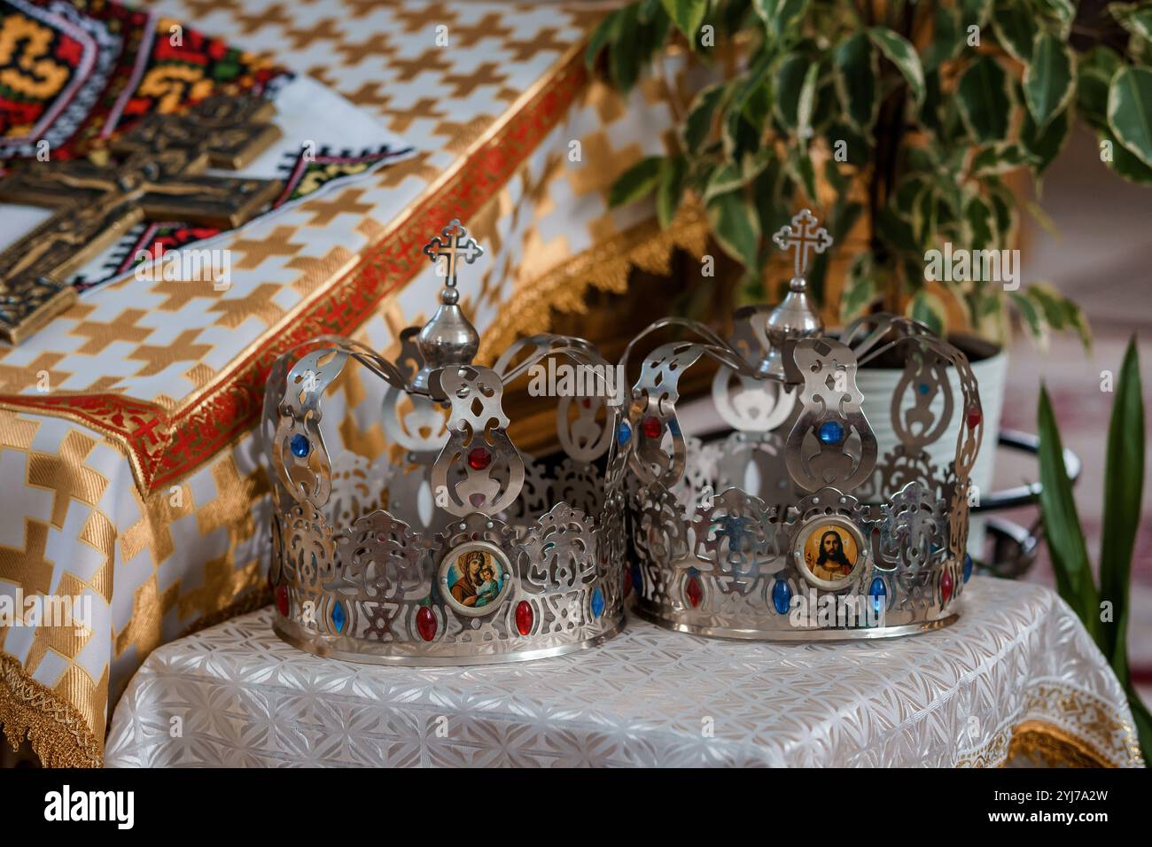 Ornate Silver Wedding Crowns with Colorful Gemstones and Religious ...