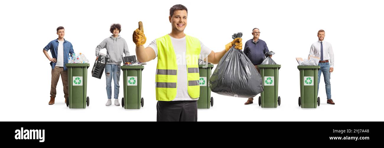 Waste collector and people with recycling materials isolated on white ...