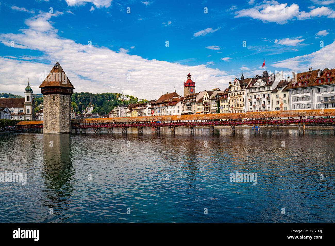 Lucern city with famous Chapel Bridge. Riverfront in Lucerne, Swiss ...