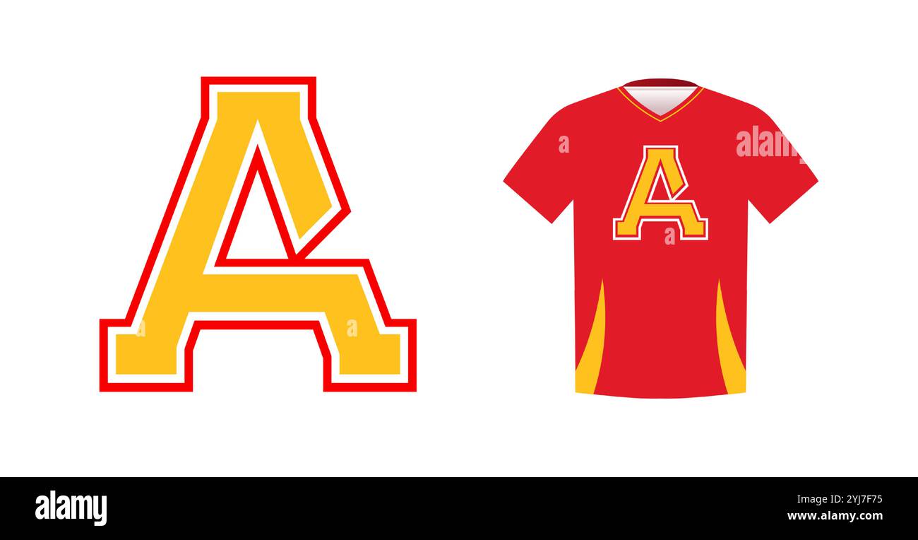 Bold yellow letter A with red outline, varsity sports emblem design on ...
