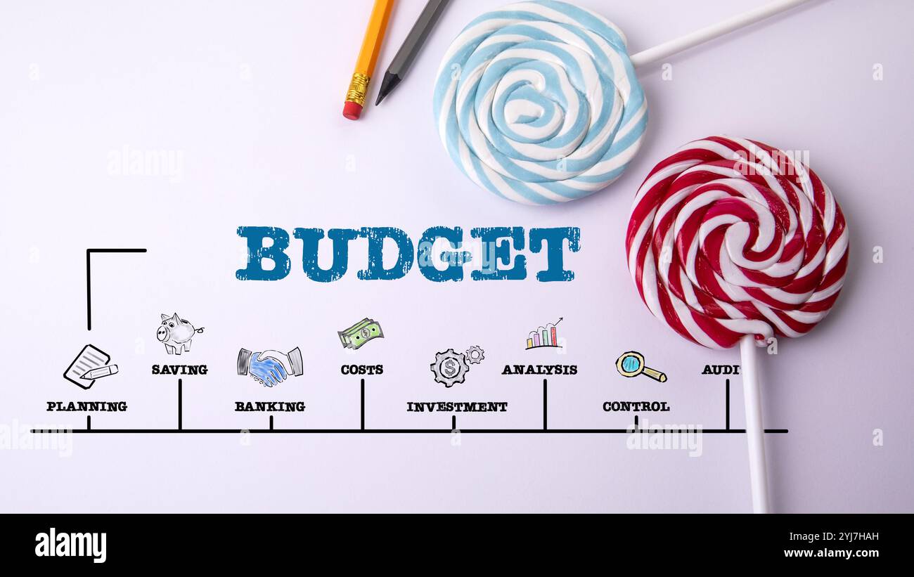 BUDGET. PLANNING, SAVING, INVESTMENT and CONTROL concept. Chart with ...