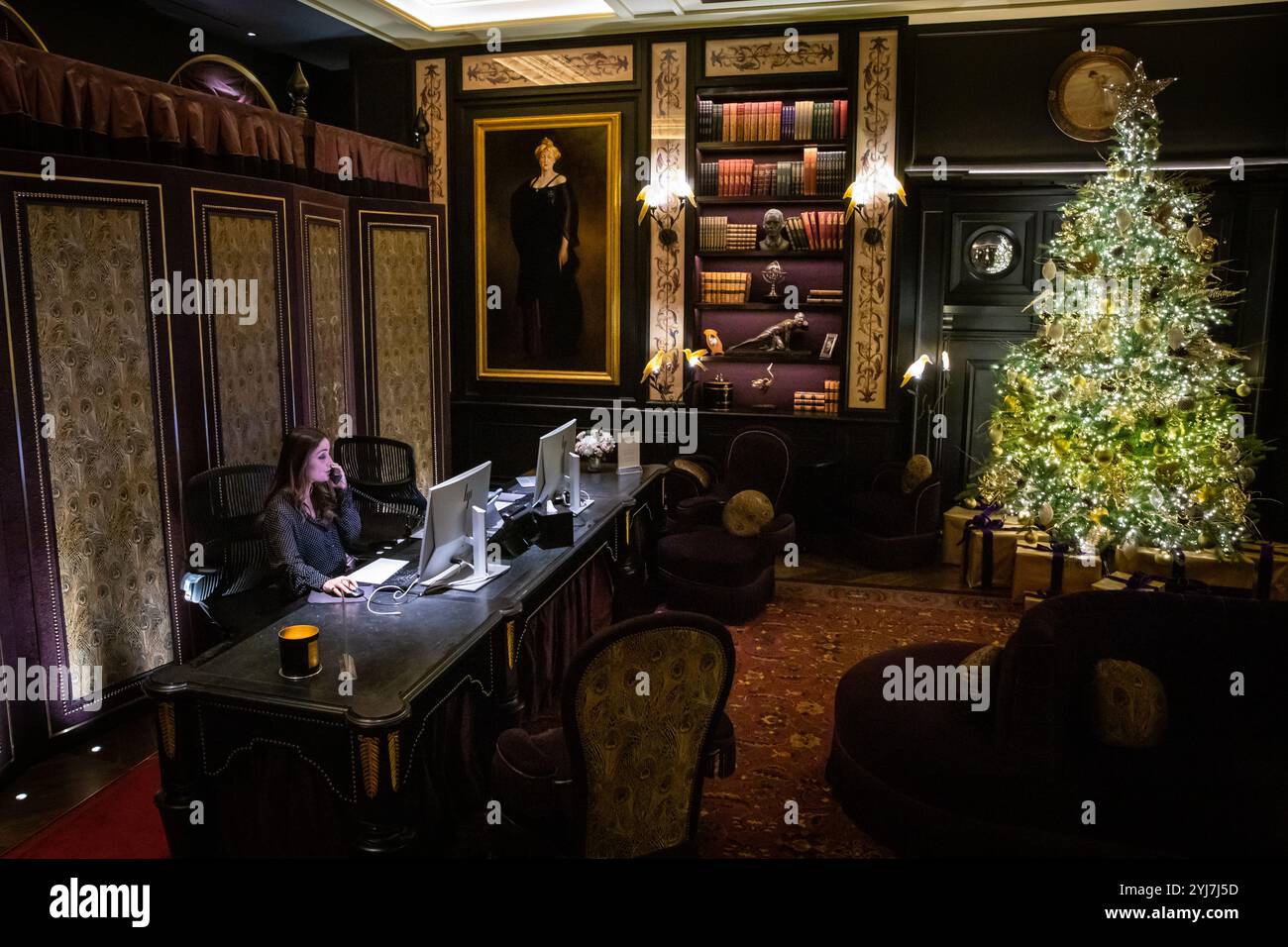 Reception of L'oscar hotel, London, with Christmas tree Stock Photo - Alamy