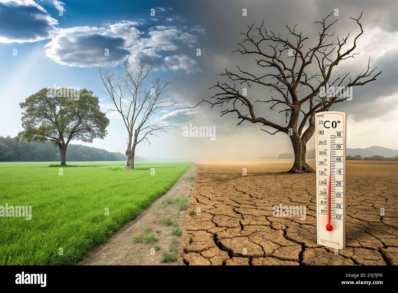 The image shows a split landscape: one side green and thriving, the ...