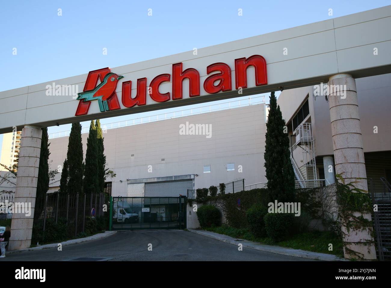 An Auchan logo seen on the hypermarket in Marseille. The distribution ...