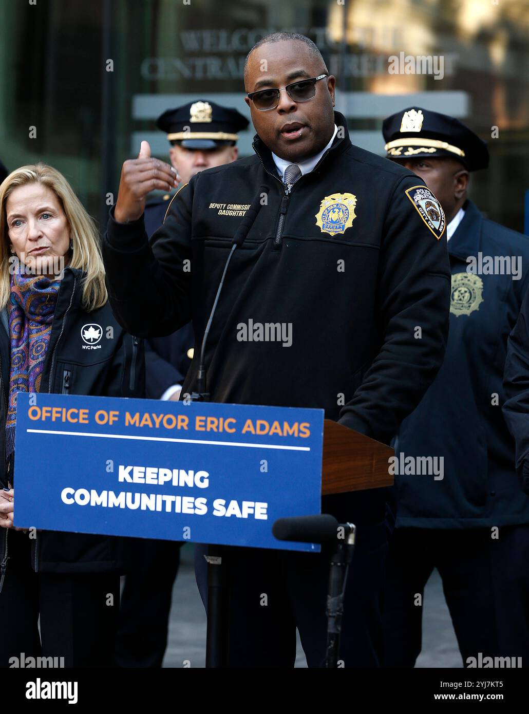 New York, USA. 13th Nov, 2024. Kaz Dougherty speaks as Mayor Eric Adams ...