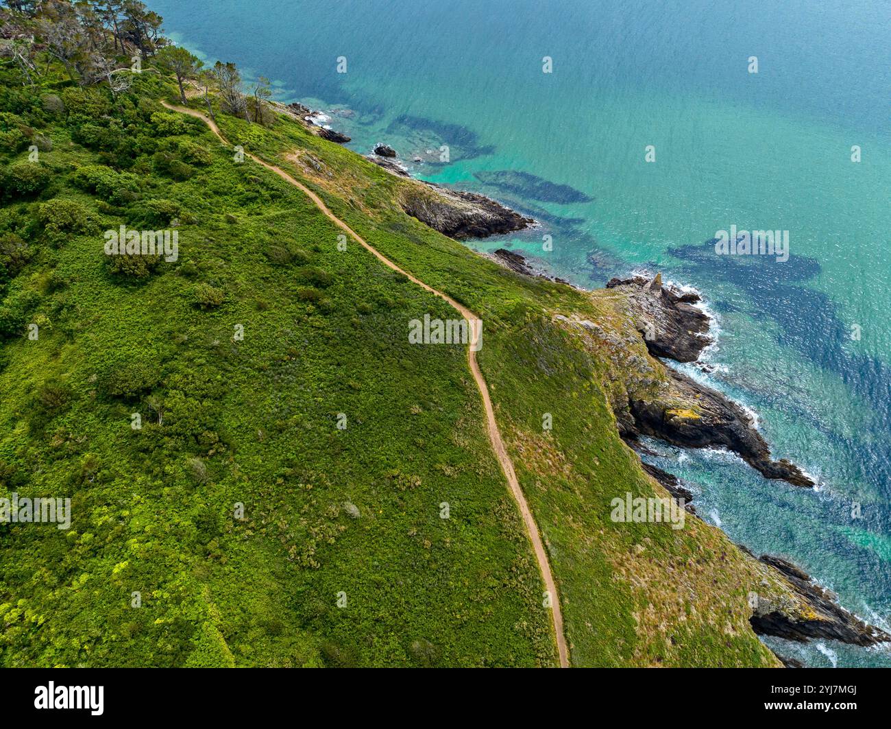 Aerial view of the customs officers' path and Brittany coast, walking ...