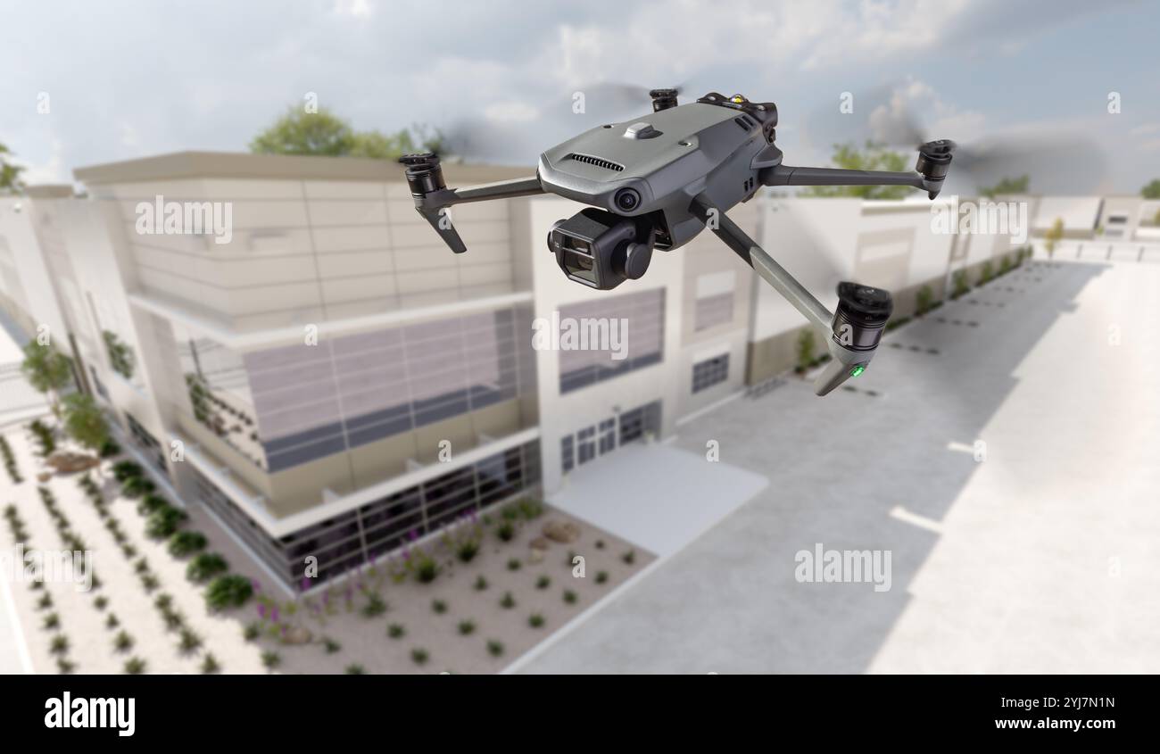 Unmanned Aircraft System Quadcopter Drone UAV In The Air Near Corporate ...