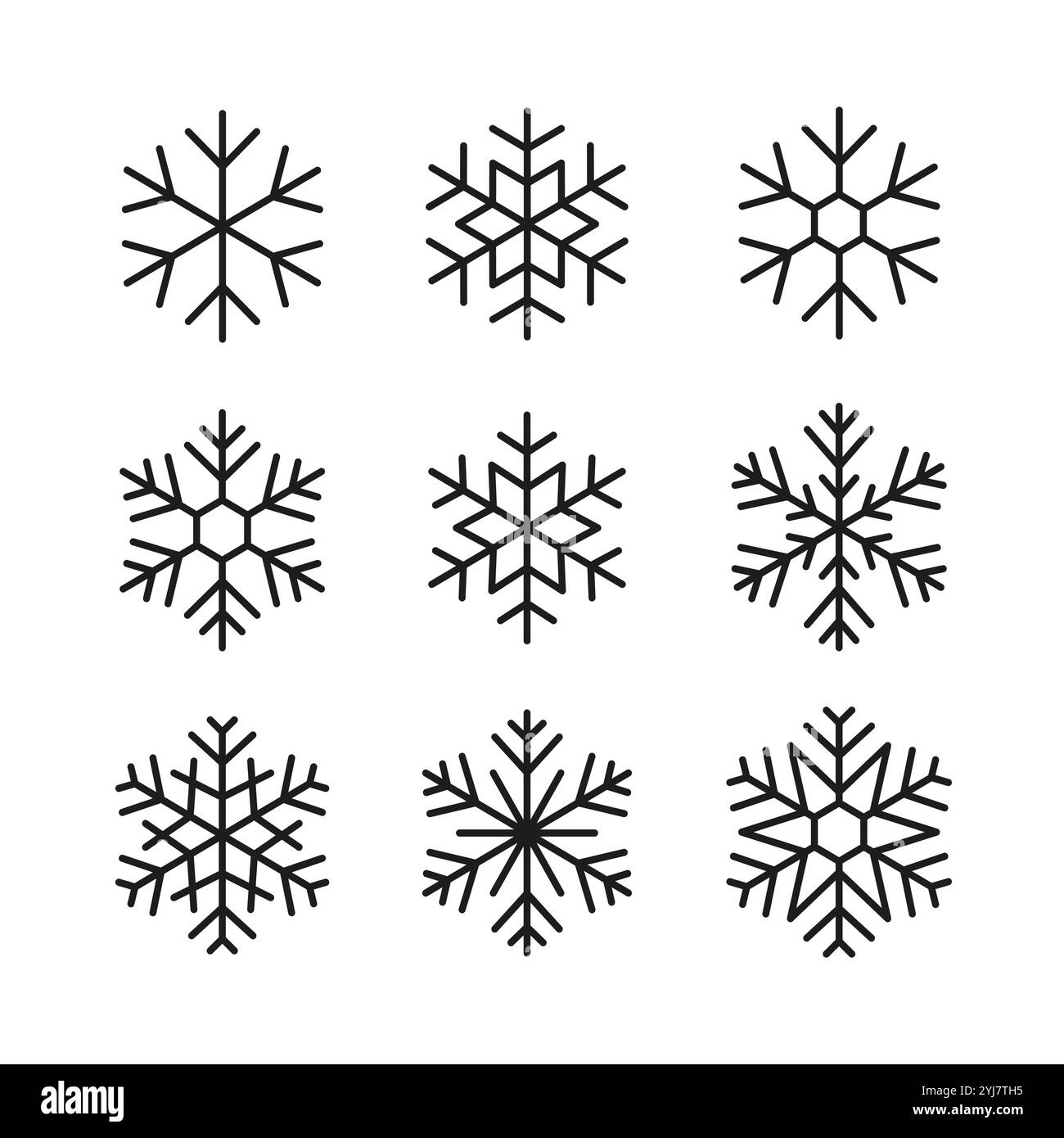 Set of snowflakes icon, black outline on a white background Stock ...