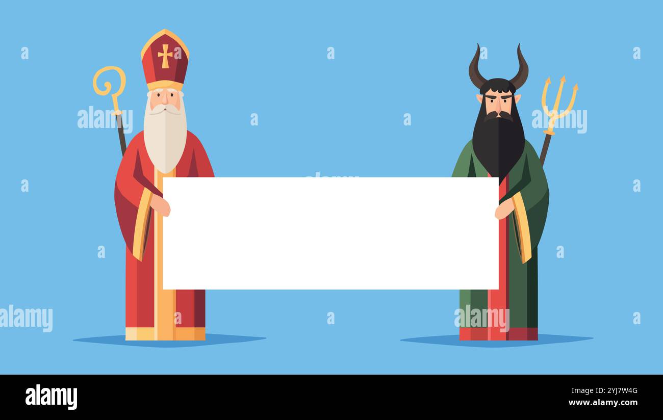 Christmas, greeting card. Saint Nicholas with devil holding blank ...