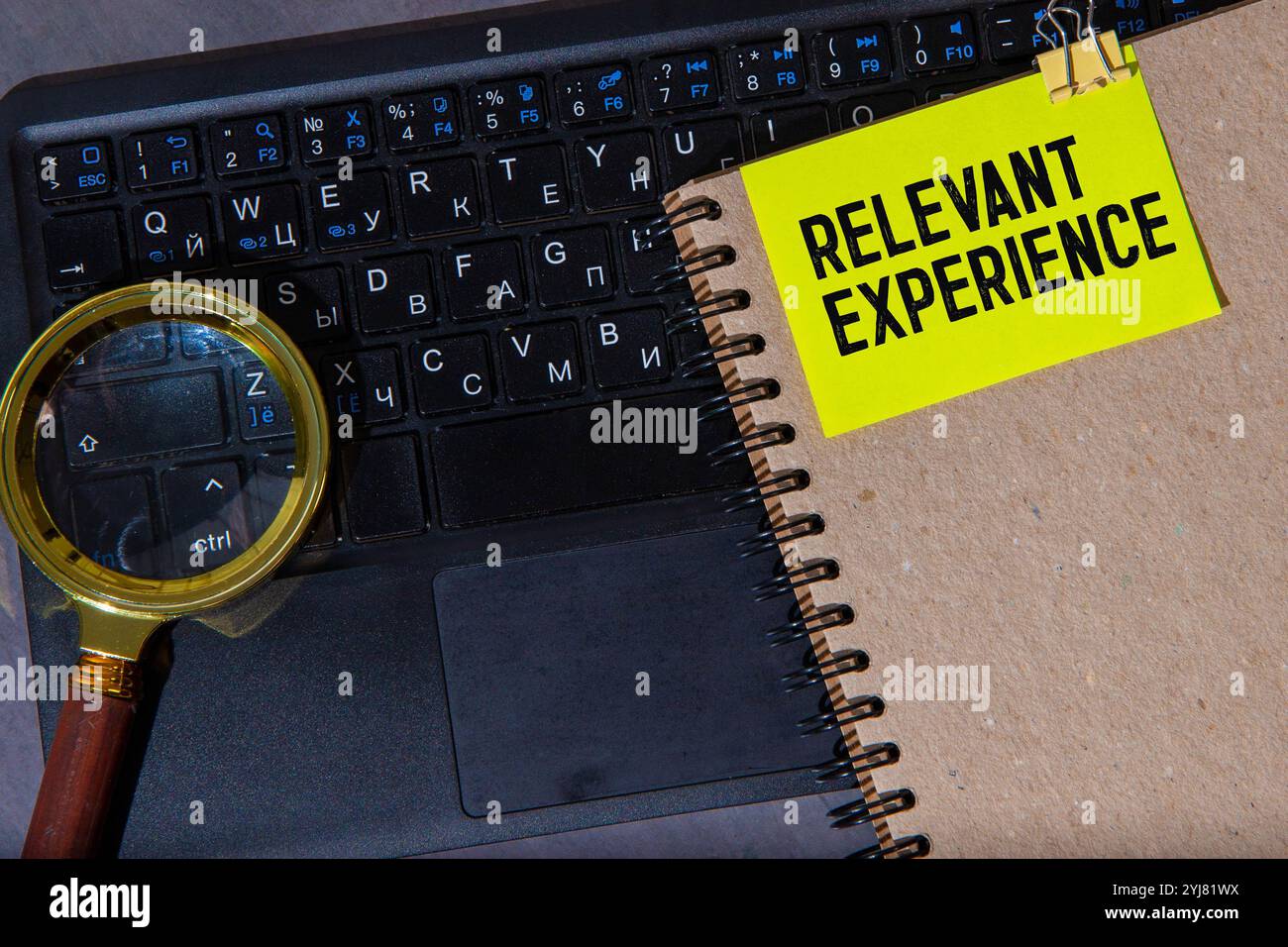 Paper plate with text RELEVANT EXPERIENCE. Diagram, notepad and blue background Stock Photo - Alamy