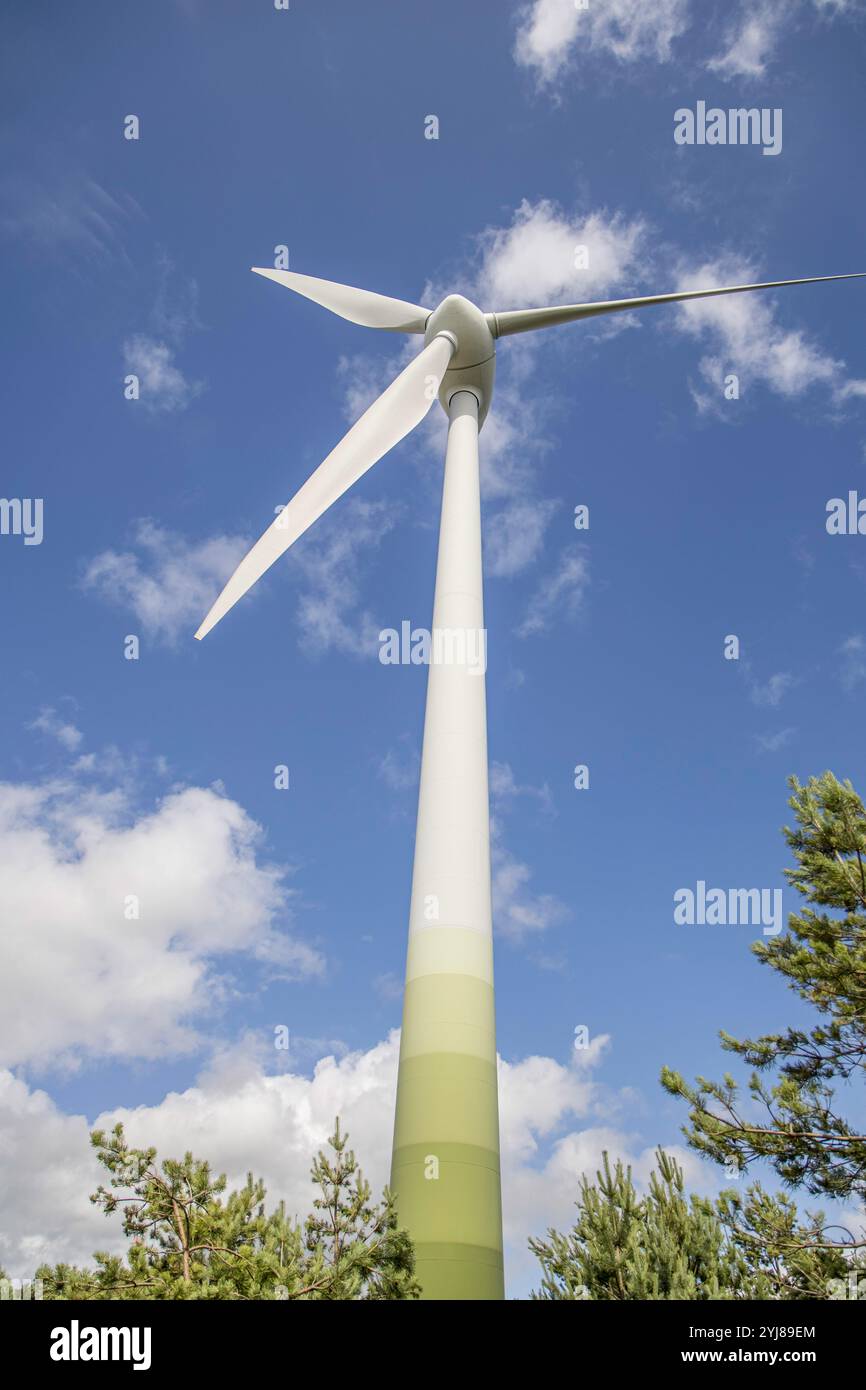 Wind Will power plant with green bottom par to blend in nature . Generation of green electricity ...