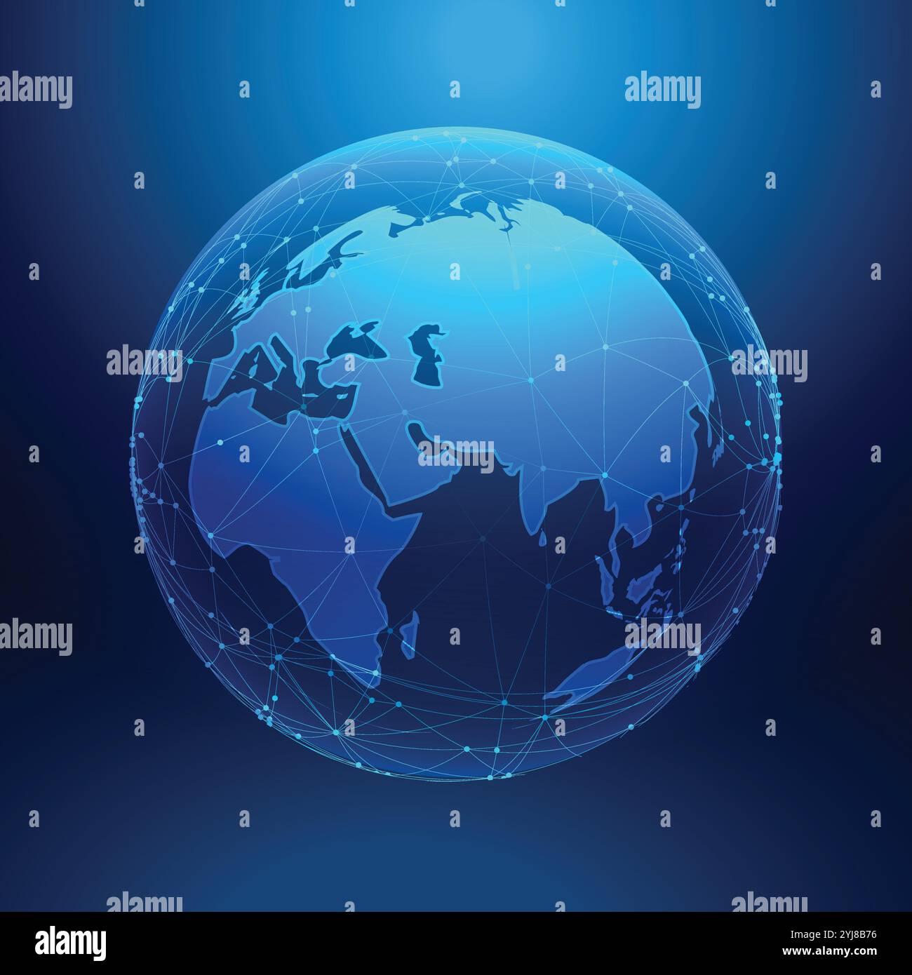 blue earth on wireframe network mesh, digital technology background ...