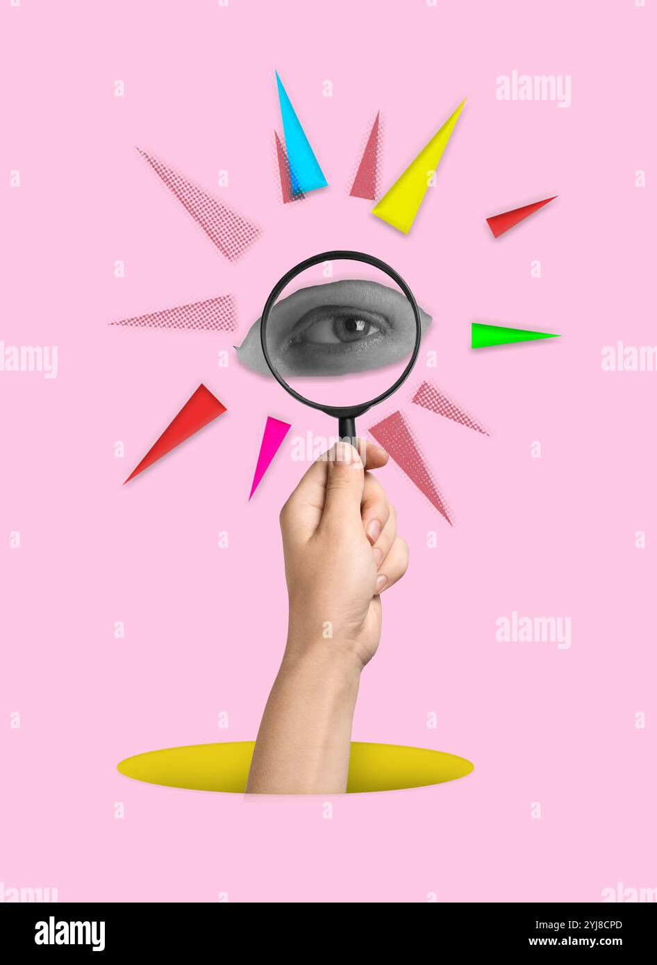 Creative art collage with magnifying glass on pink background Stock ...