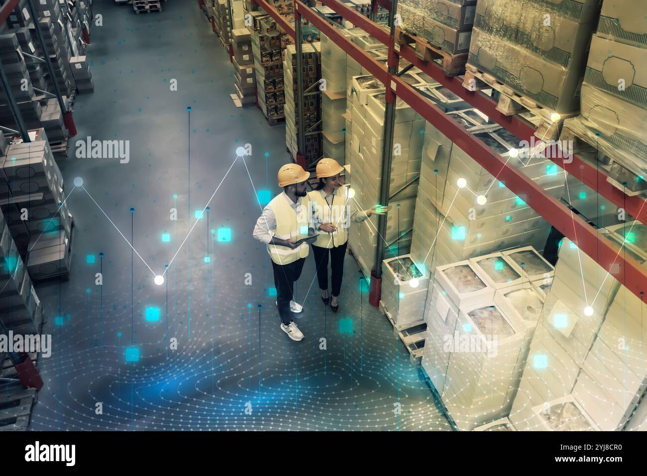 Manager and worker at warehouse, above view. Logistics center. Graphs ...