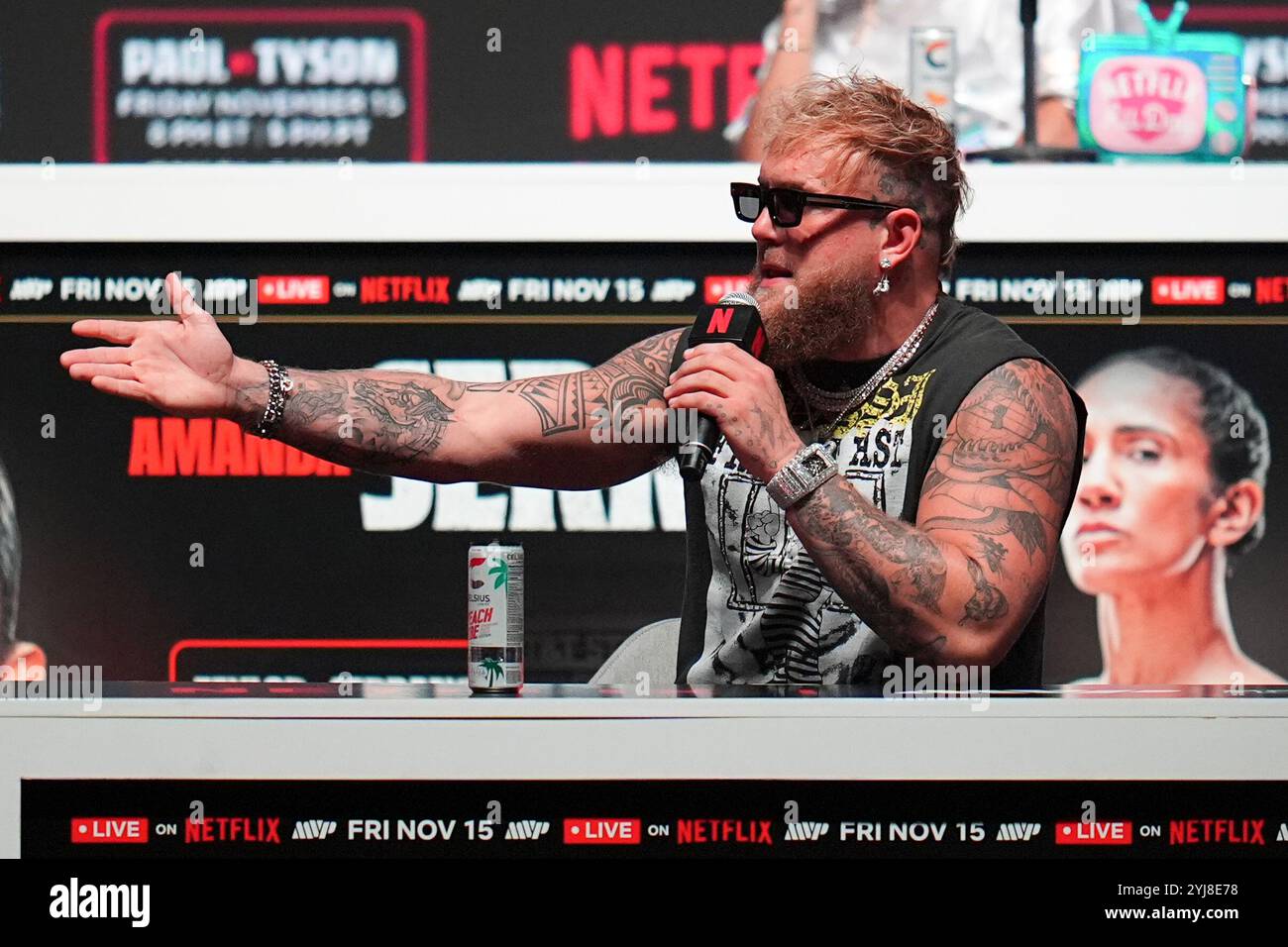 Jake Paul speaks during a news conference ahead of his fight against ...