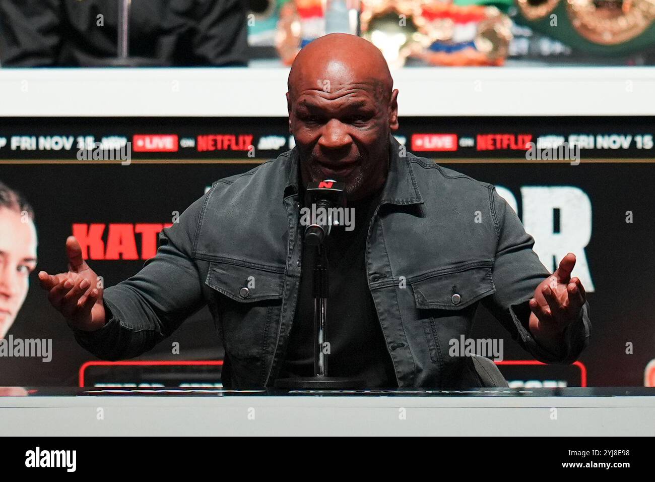Mike Tyson speaks during a news conference ahead of his fight against ...