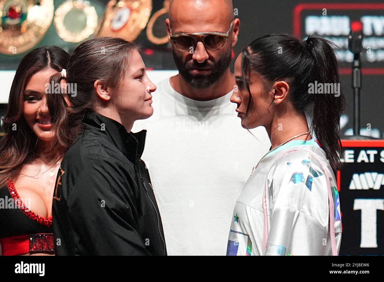 Katie Taylor, front left, and Amanda Serrano, front right, face off ...
