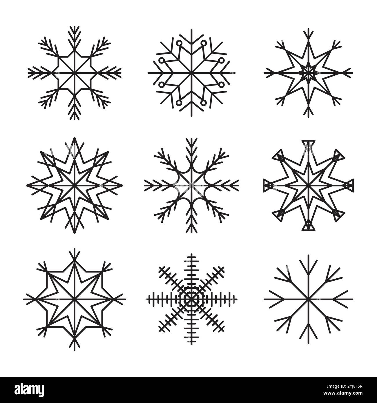 Snowflake icon set. Unique snow crystal designs. Winter season symbols ...