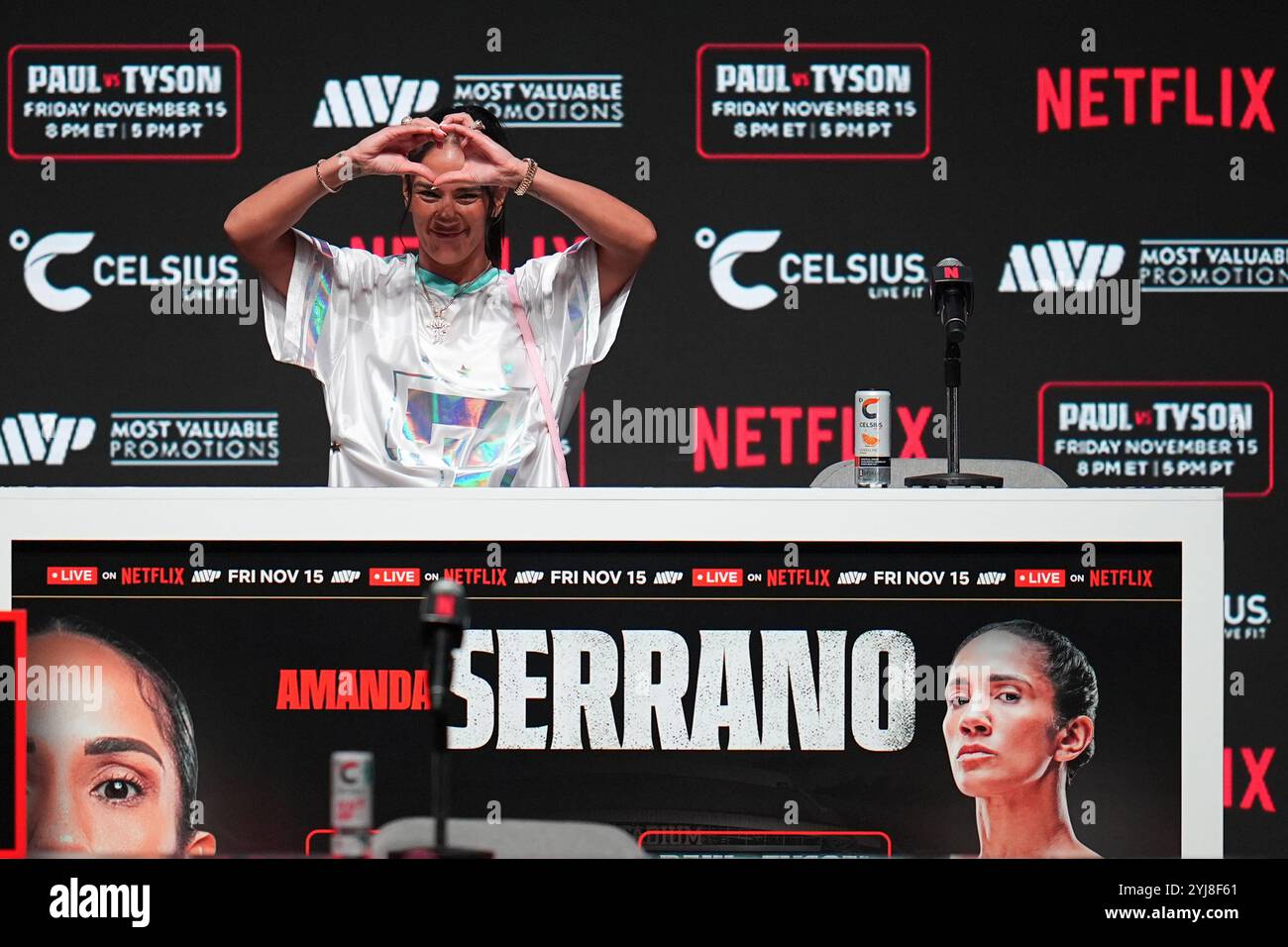 Amanda Serrano gestures during a news conference ahead of her ...