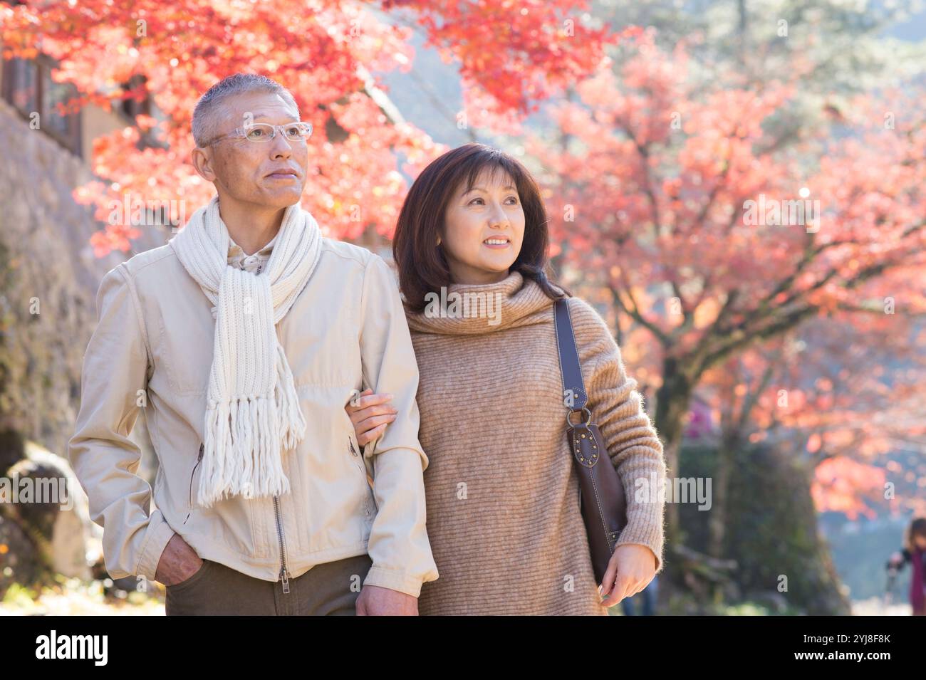 Middle-aged and older couples enjoying autumn leaf peeping Stock Photo ...