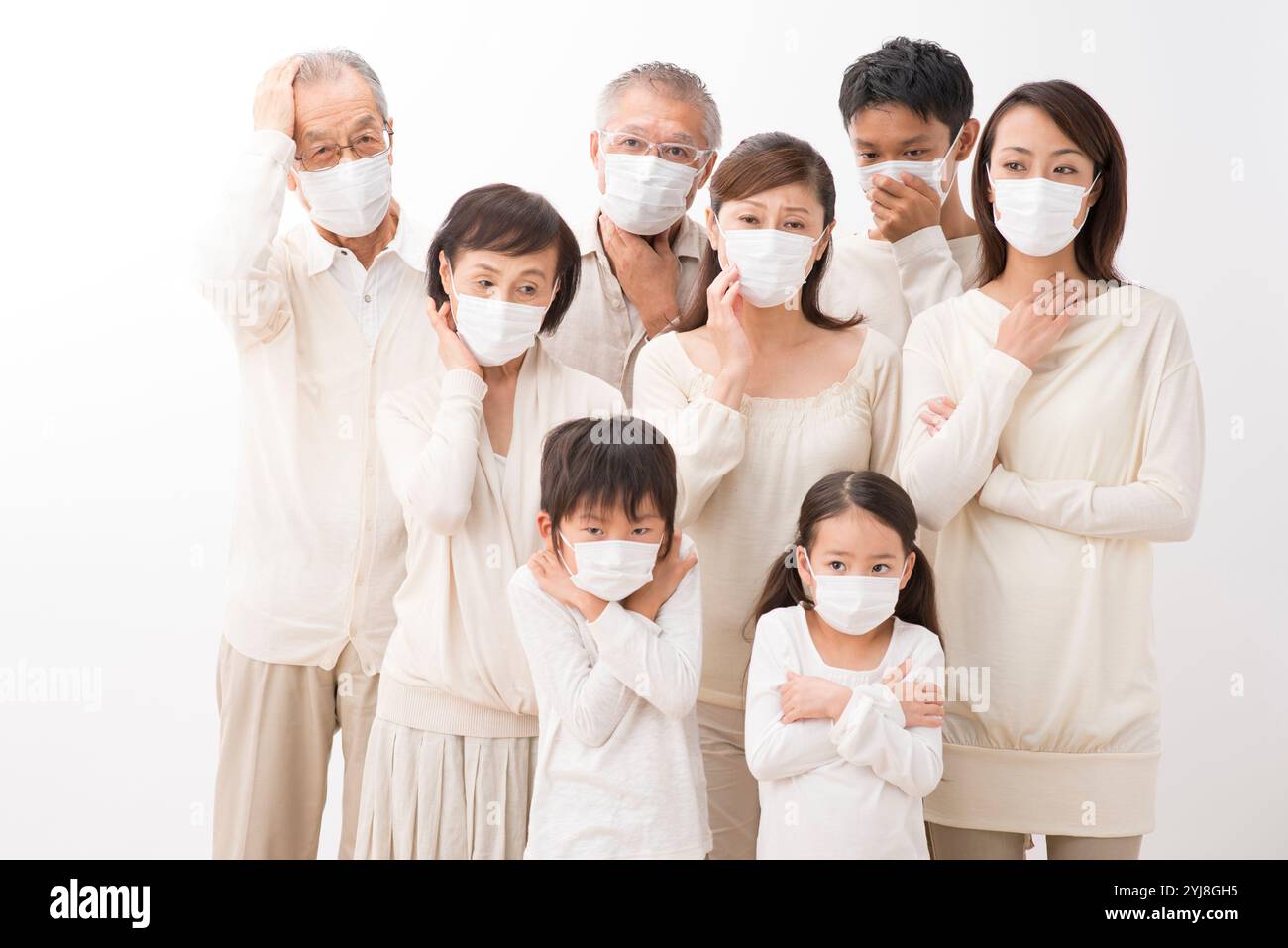 Four-generation family with symptoms of illness masked Stock Photo - Alamy