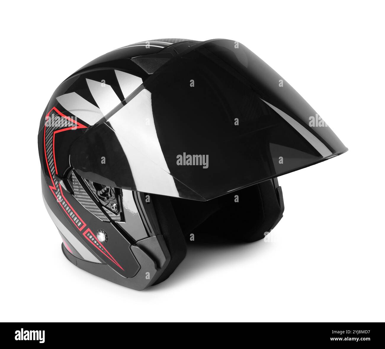 Modern motorcycle helmet with visor on light background, space for text ...