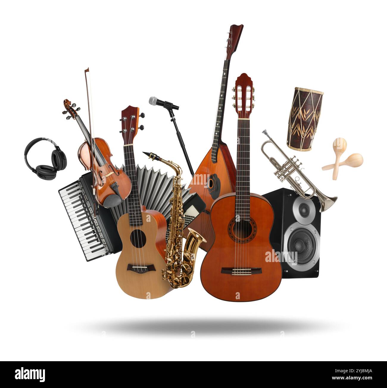 Different musical instruments in air on white Stock Photo - Alamy