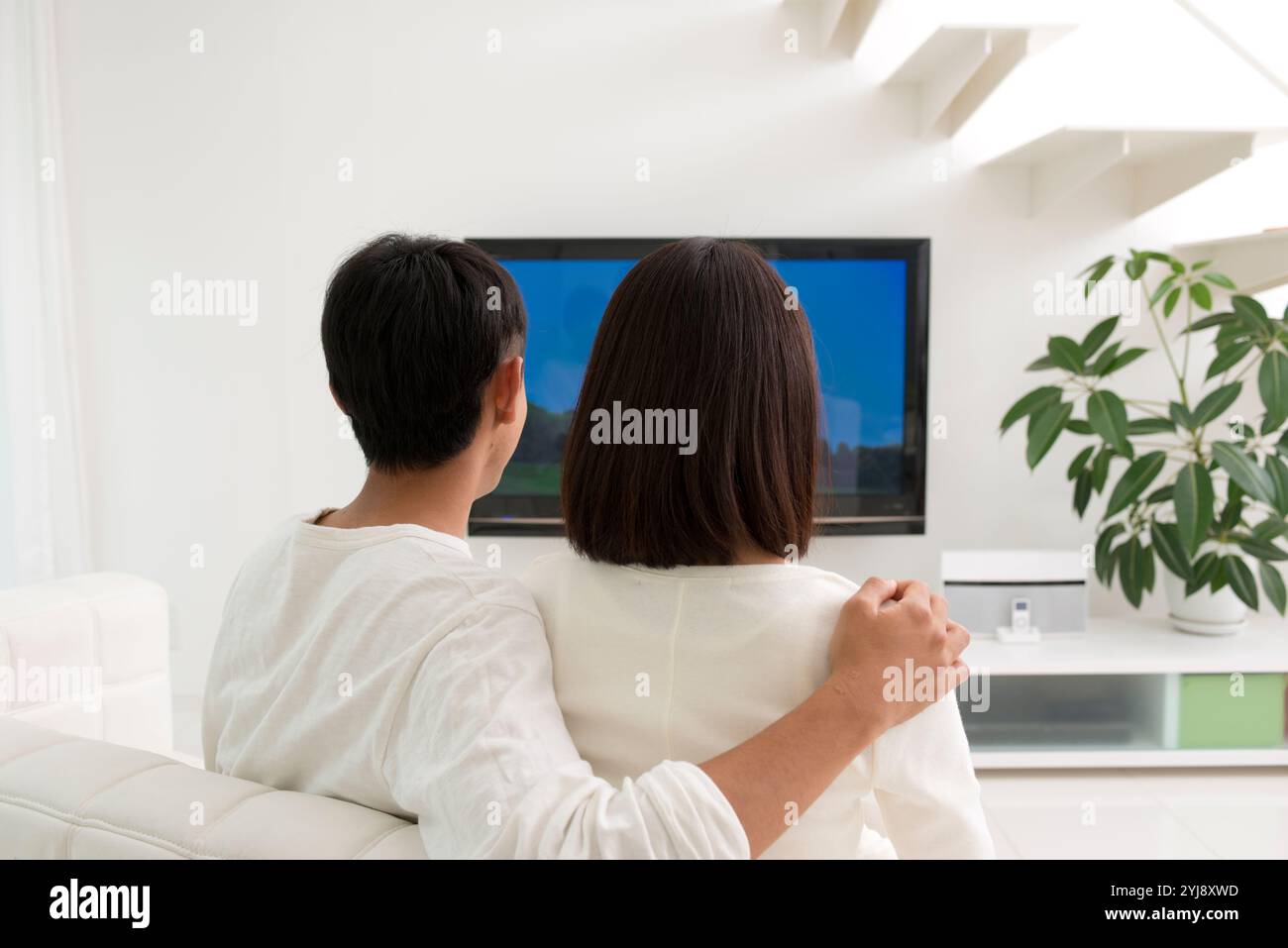 Rear view of a couple watching TV in the living room Stock Photo - Alamy