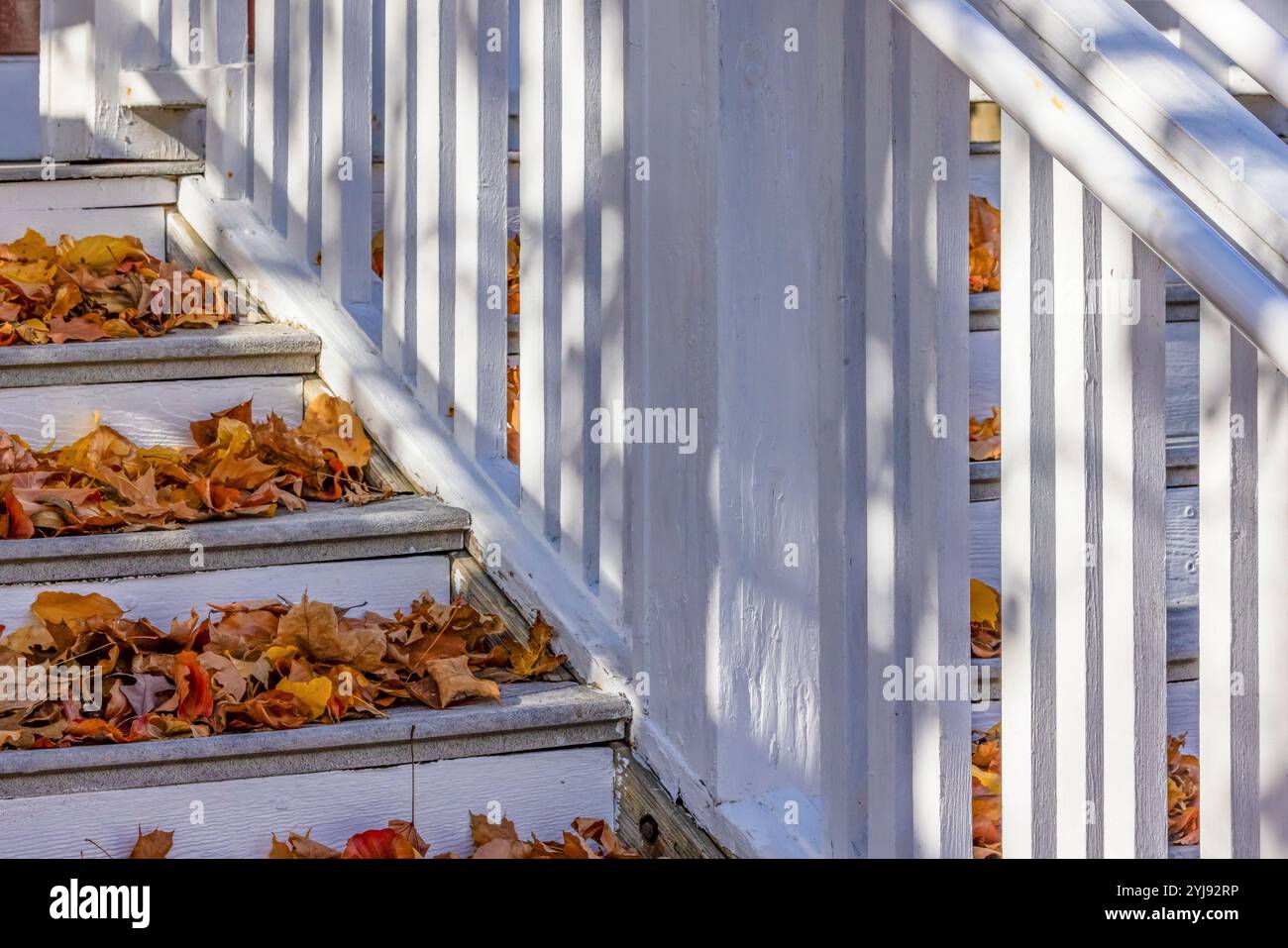 Fallen leaves on stairs of a church in Traverse City, Michigan, USA ...