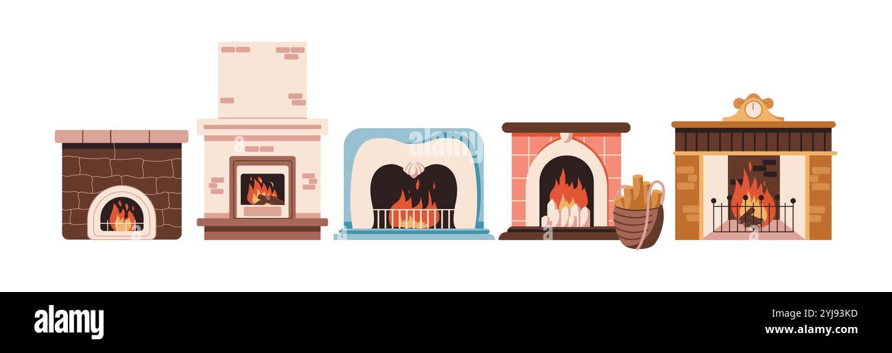 Fireplaces with burning flame and woods flat color vector objects set. Vintage stoves providing ...