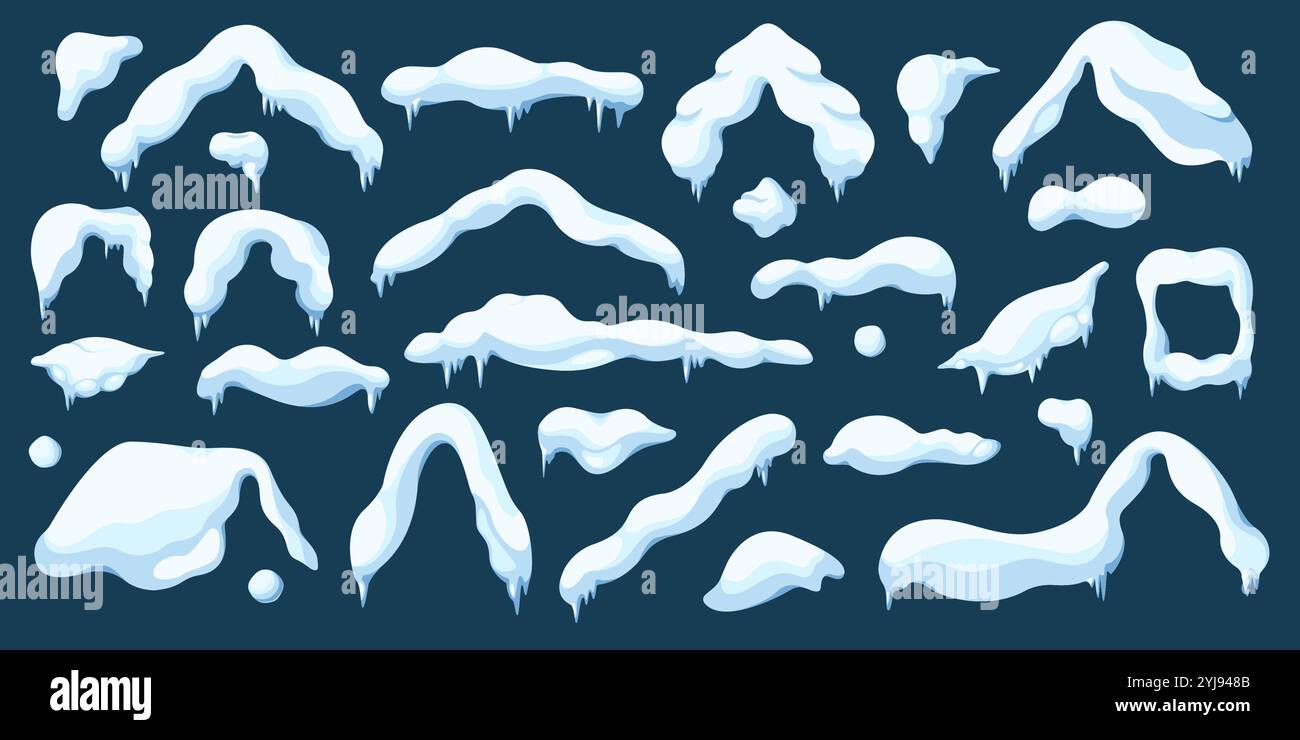 Snow caps and icicles dripping with melting flat color vector objects ...